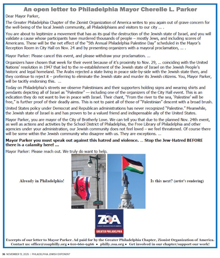 With Ad, Letter, Greater Phila ZOA Calls on Mayor to Cancel Anti-Jewish City Hall Event, Stop ...